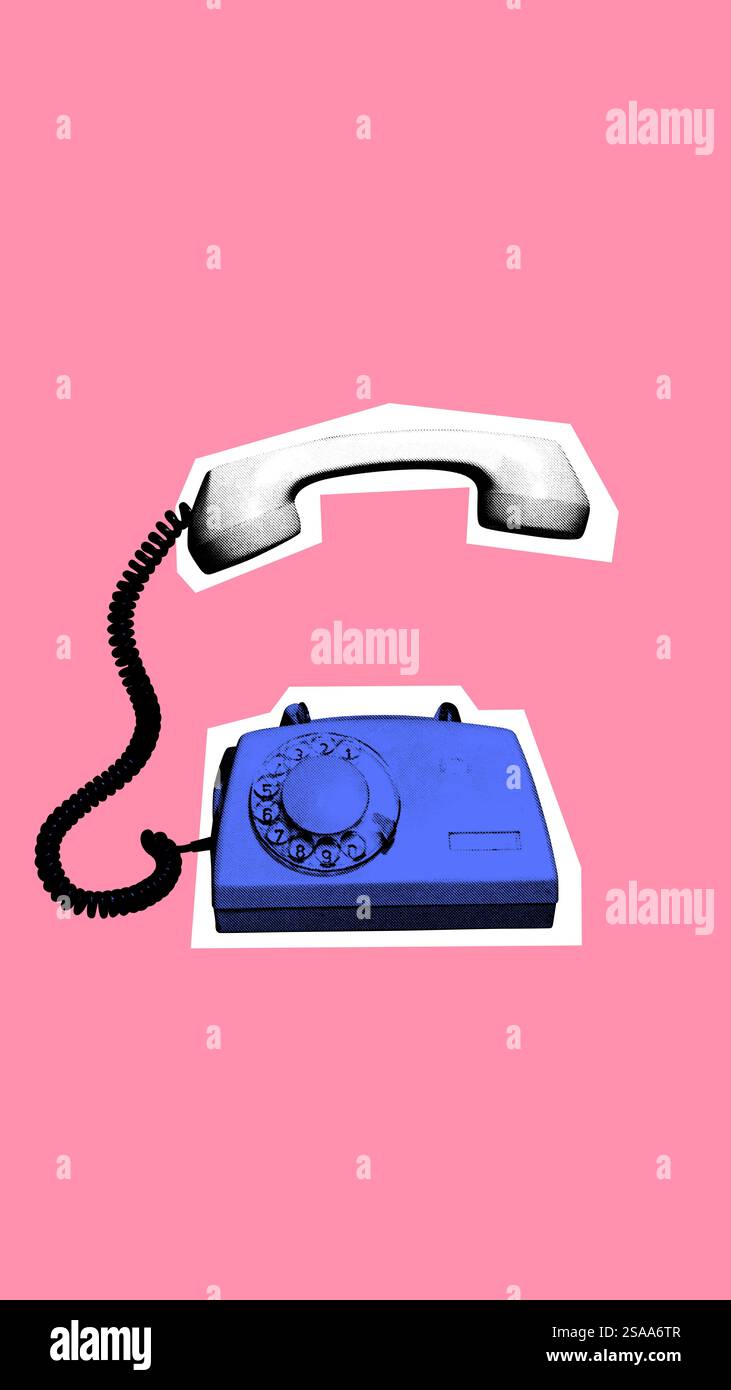 Digital collage of blue rotary phone with a disconnected handset ...