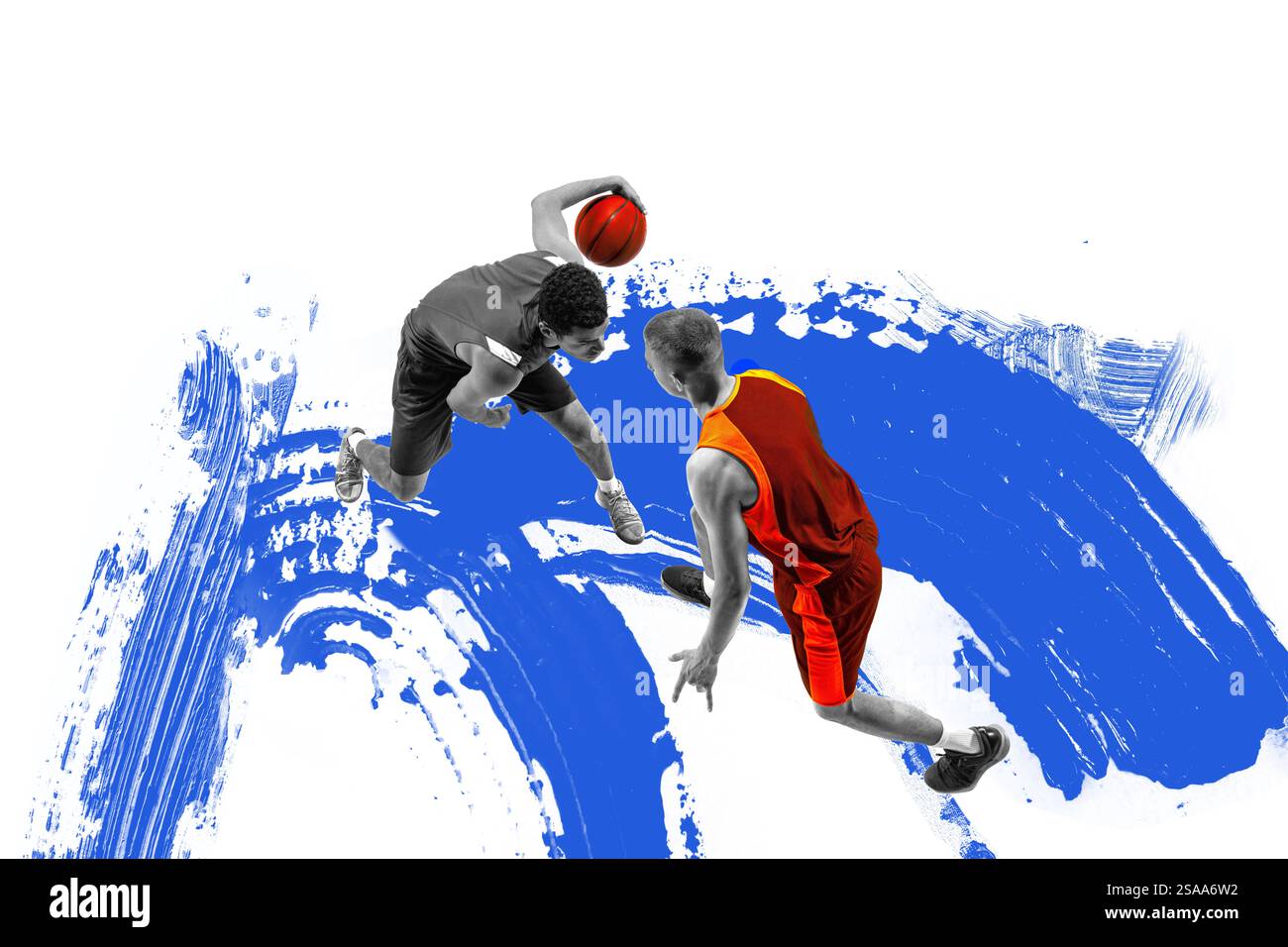 Modern art design. Basketball players in one-on-one duel, attacker ...
