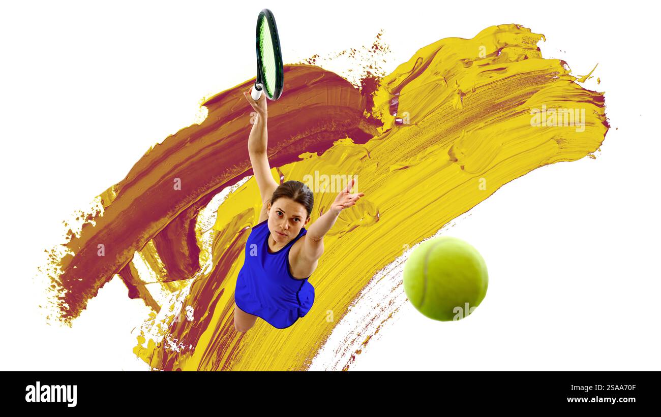 Modern art design. Female tennis player serving ball shows ...