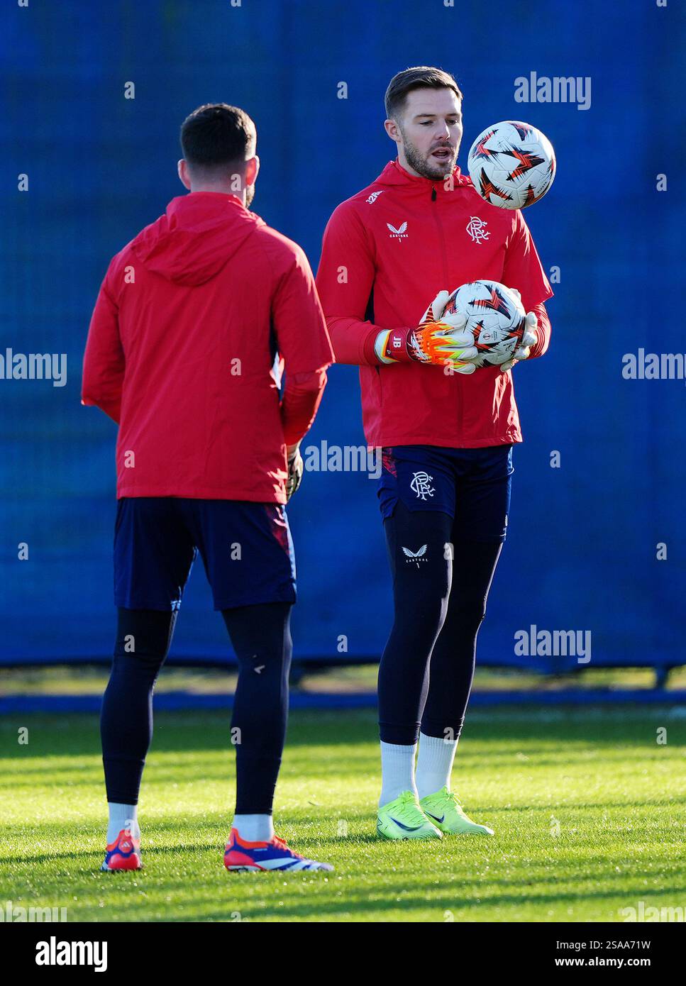 Rangers goalkeeper Jack Butland (right) during a training session at ...