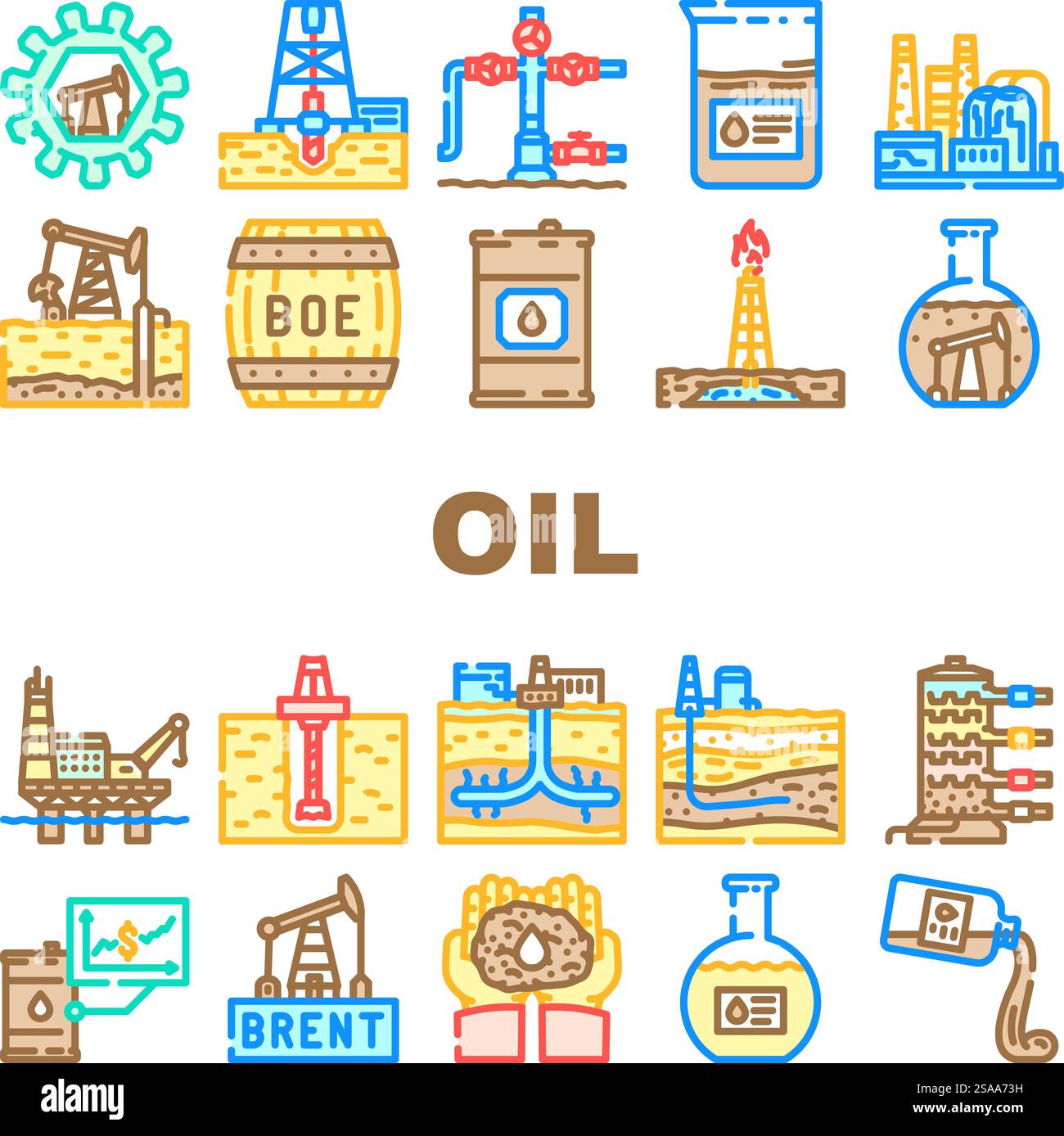 oil industry petroleum refinery icons set vector. exploration drilling ...