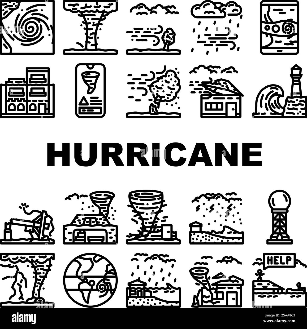 hurricane cyclone storm wind icons set vector. typhoon rain, surge ...