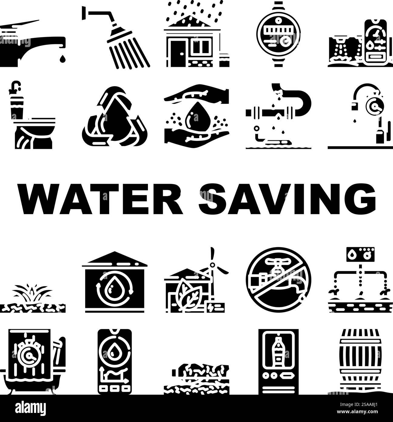 water saving conservation reuse icons set vector. efficiency ...