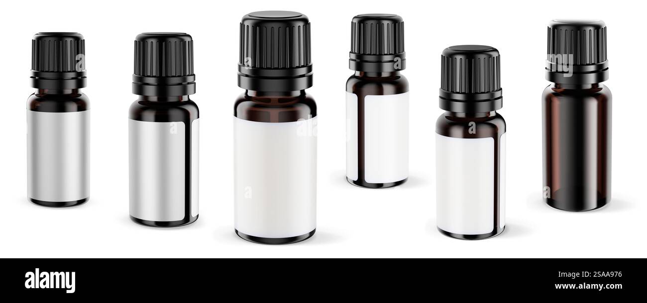 A 10 ml bottle of dark brown UV glass for essential oils isolated on ...