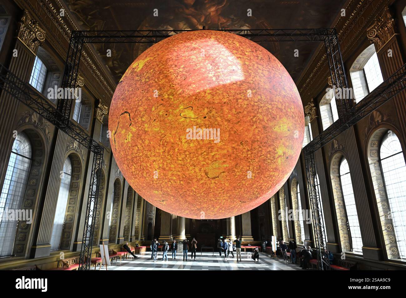 Helios art installation by Luke Jerram inside the Painted Hall of the Old Royal Naval College ...