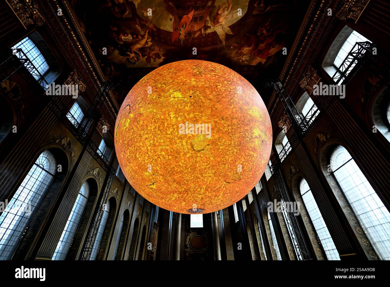 Helios art installation by Luke Jerram inside the Painted Hall of the Old Royal Naval College ...