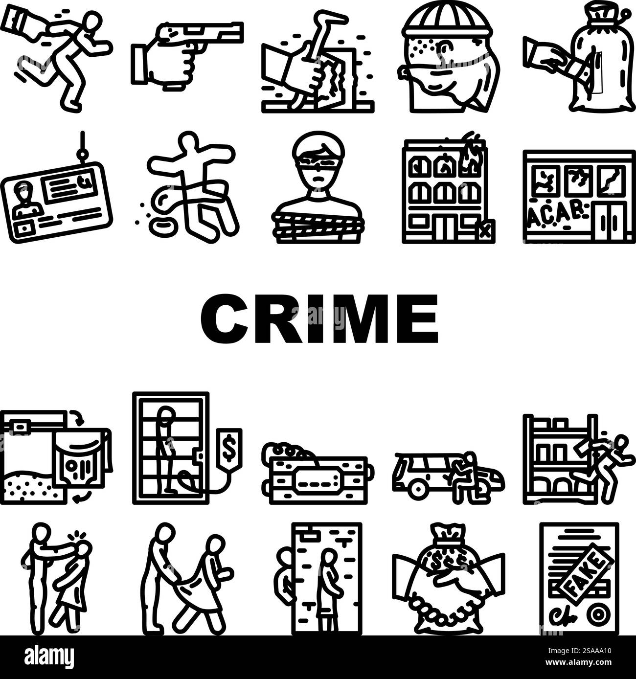 crime justice law police theft icons set vector. murder assault, fraud ...