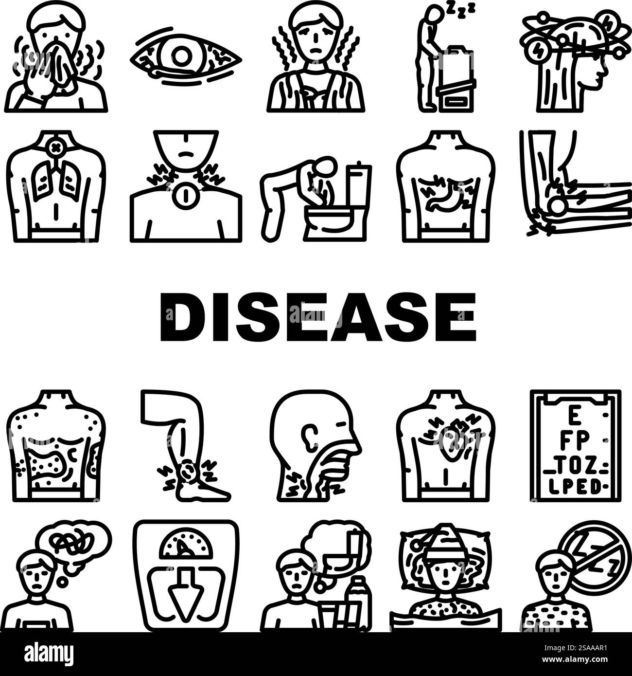 disease symptom fever cough icons set vector. fatigue headache, nausea ...