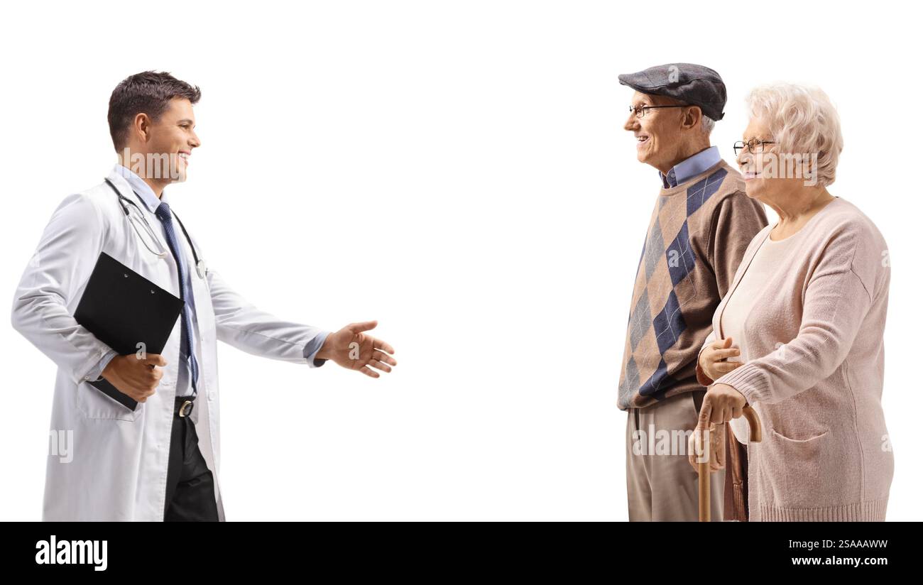 Male health worker welcoming elderly patients isolated on white ...