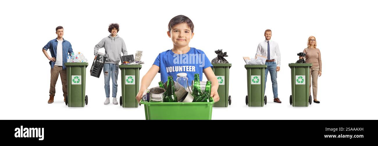 Adult people and a boy volunteer recycling bottles and cans isolated on ...
