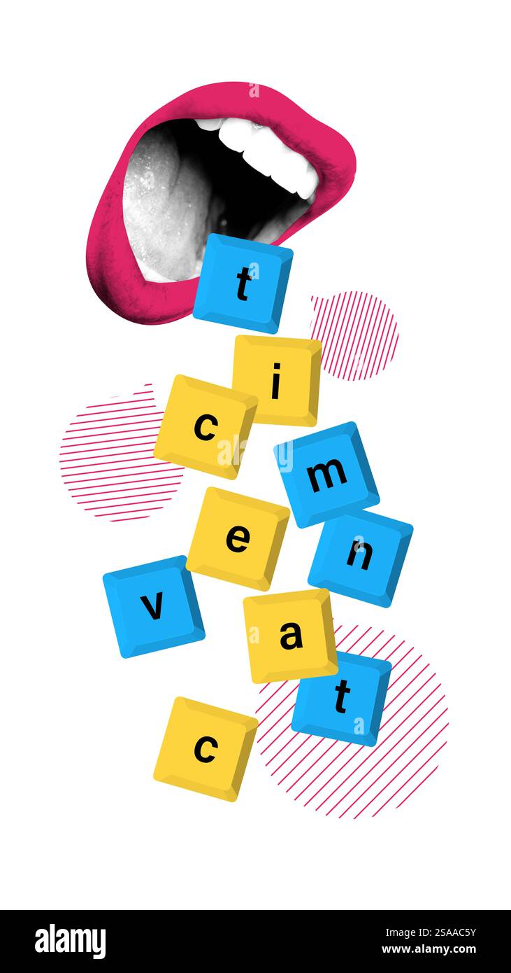 Modern artwork. Large pink lips with scattered lettered blocks ...