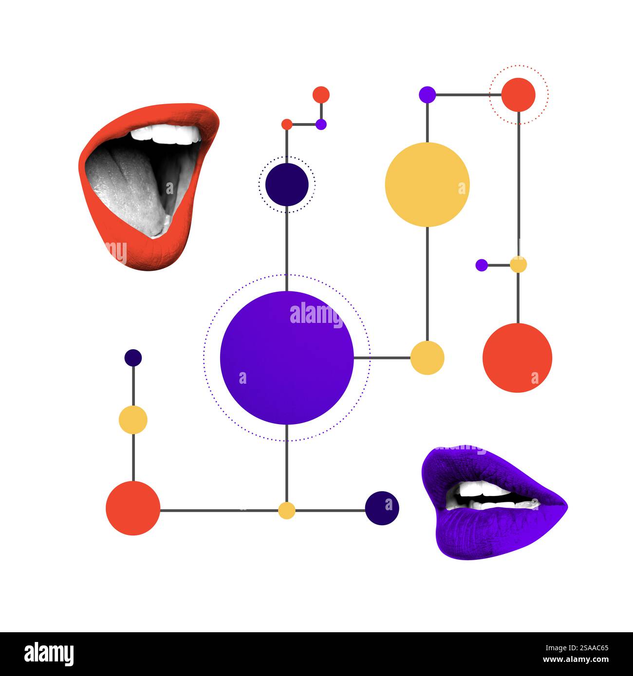 Modern artwork. Red and purple lips connected by abstract geometric ...
