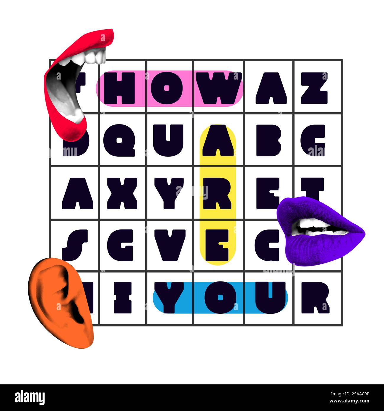 Creative art collage. Surreal word puzzle with colorful lips and ear ...
