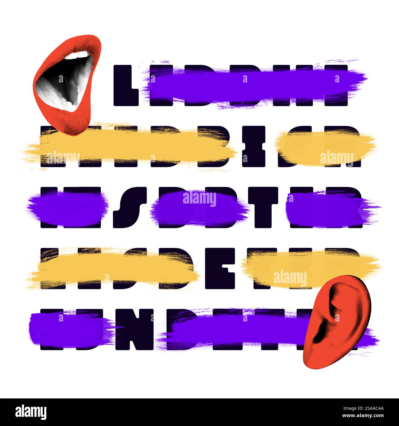 Creative art collage. Red lips and ears with bold painted text strokes ...