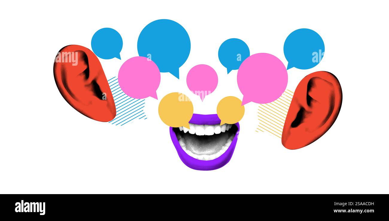 Creative art collage. Large purple lips with speech bubbles and red ...