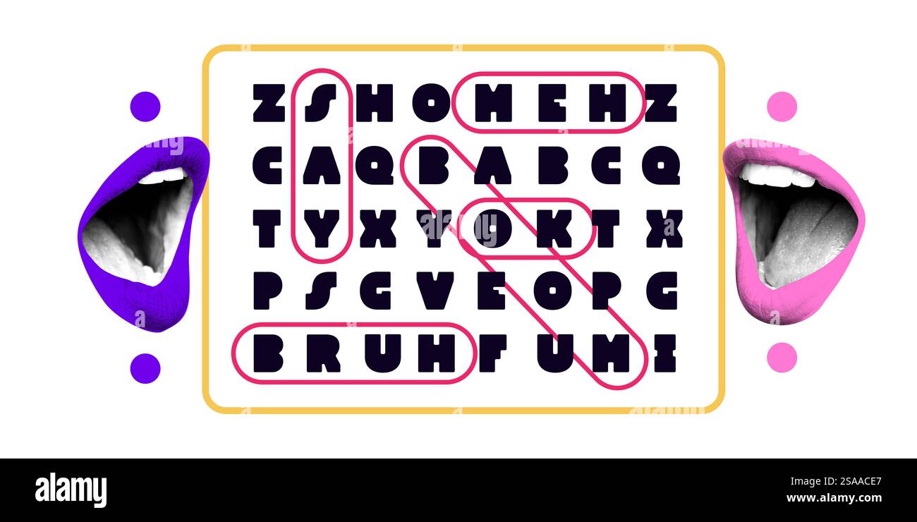 Creative art collage. Word search grid with abstract lips and ...