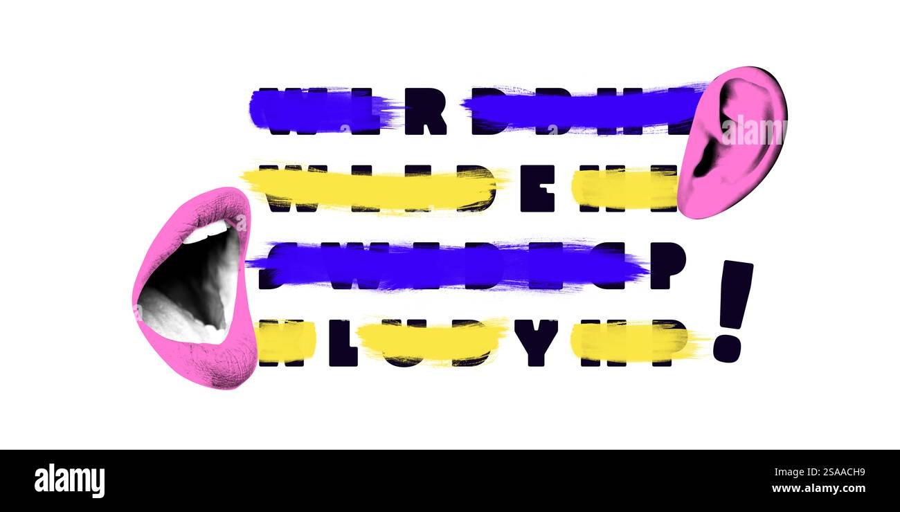 Conceptual art design. Pink lips and ear with censored words ...