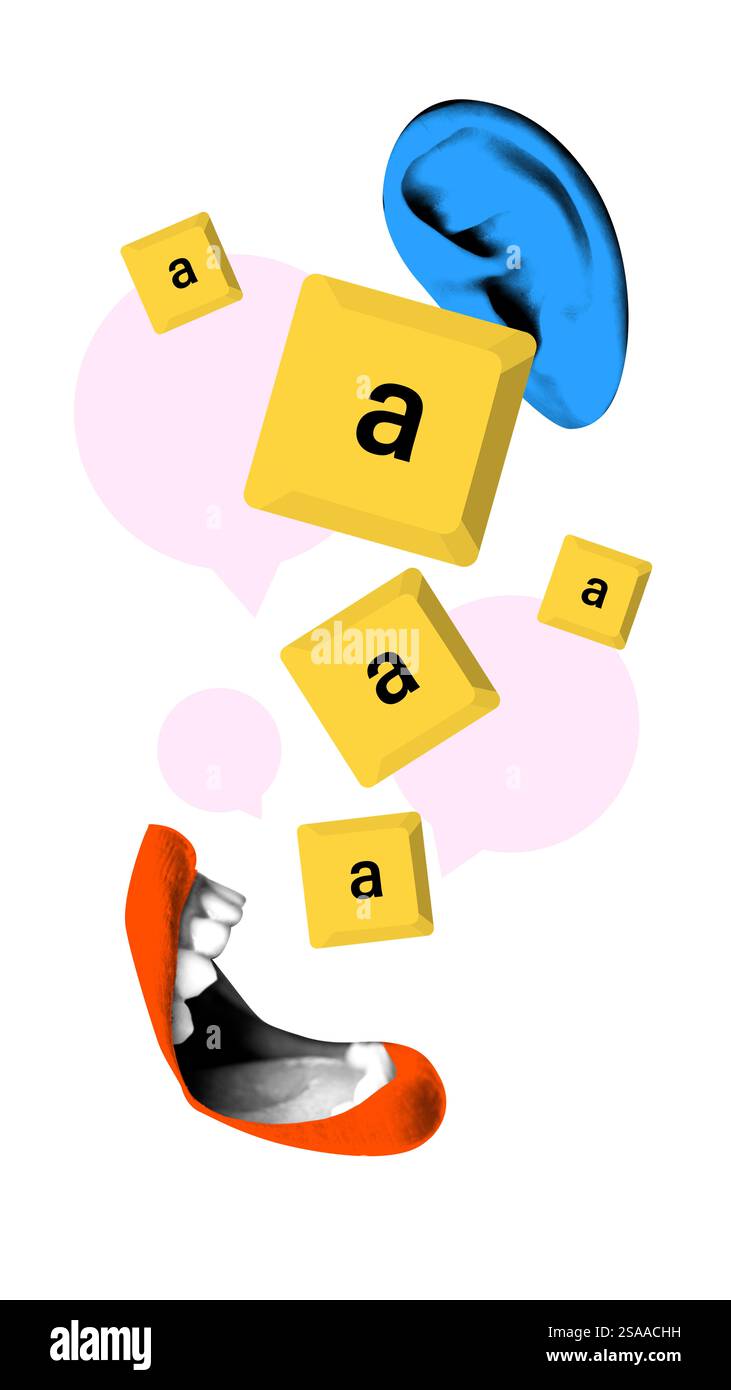 Conceptual art design. Large red mouth speaks, scattering yellow ...