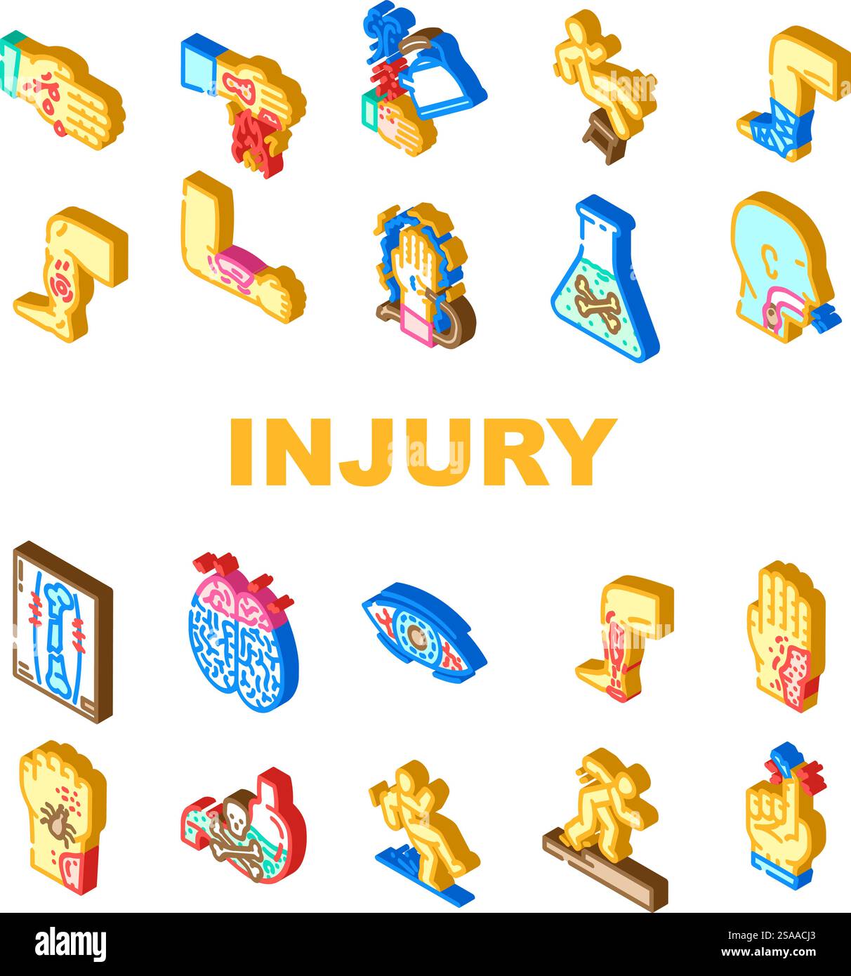 household injury fall burn cut icons set vector. slip trip, bruise ...