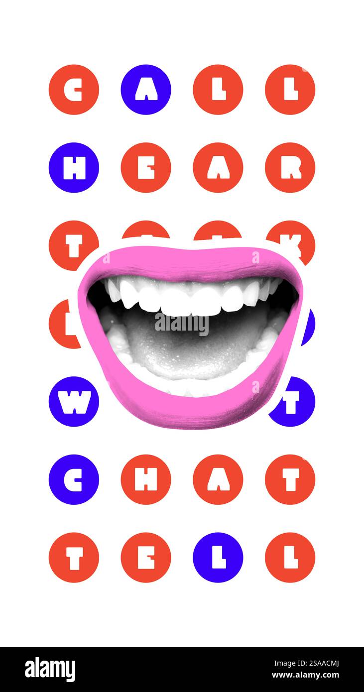 Conceptual art design. Large pink lips with bold red and blue text ...