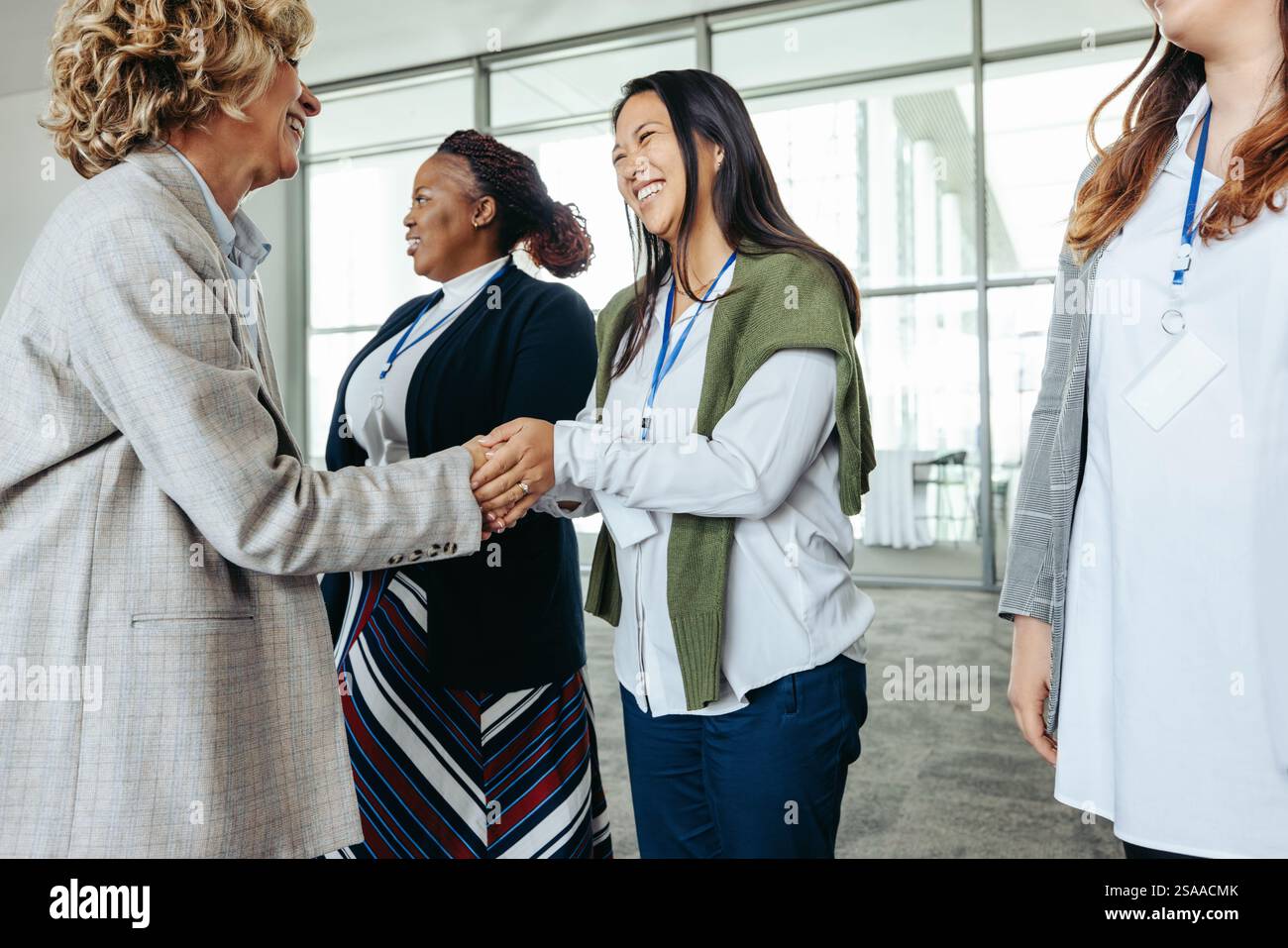 Female business professionals meeting and shaking hands, fostering ...