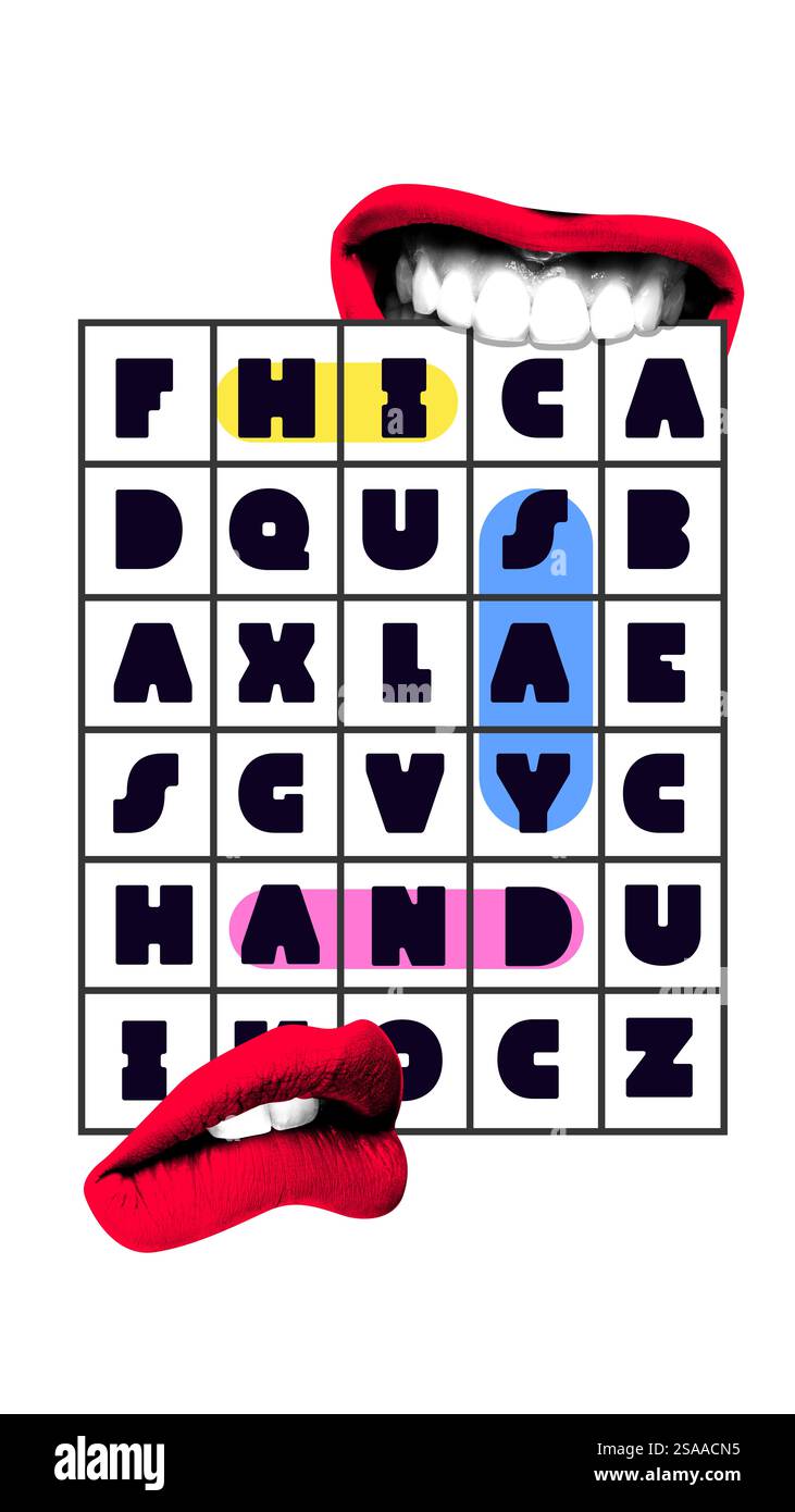 Creative art design. Red lips and grid with hidden words highlighted in ...