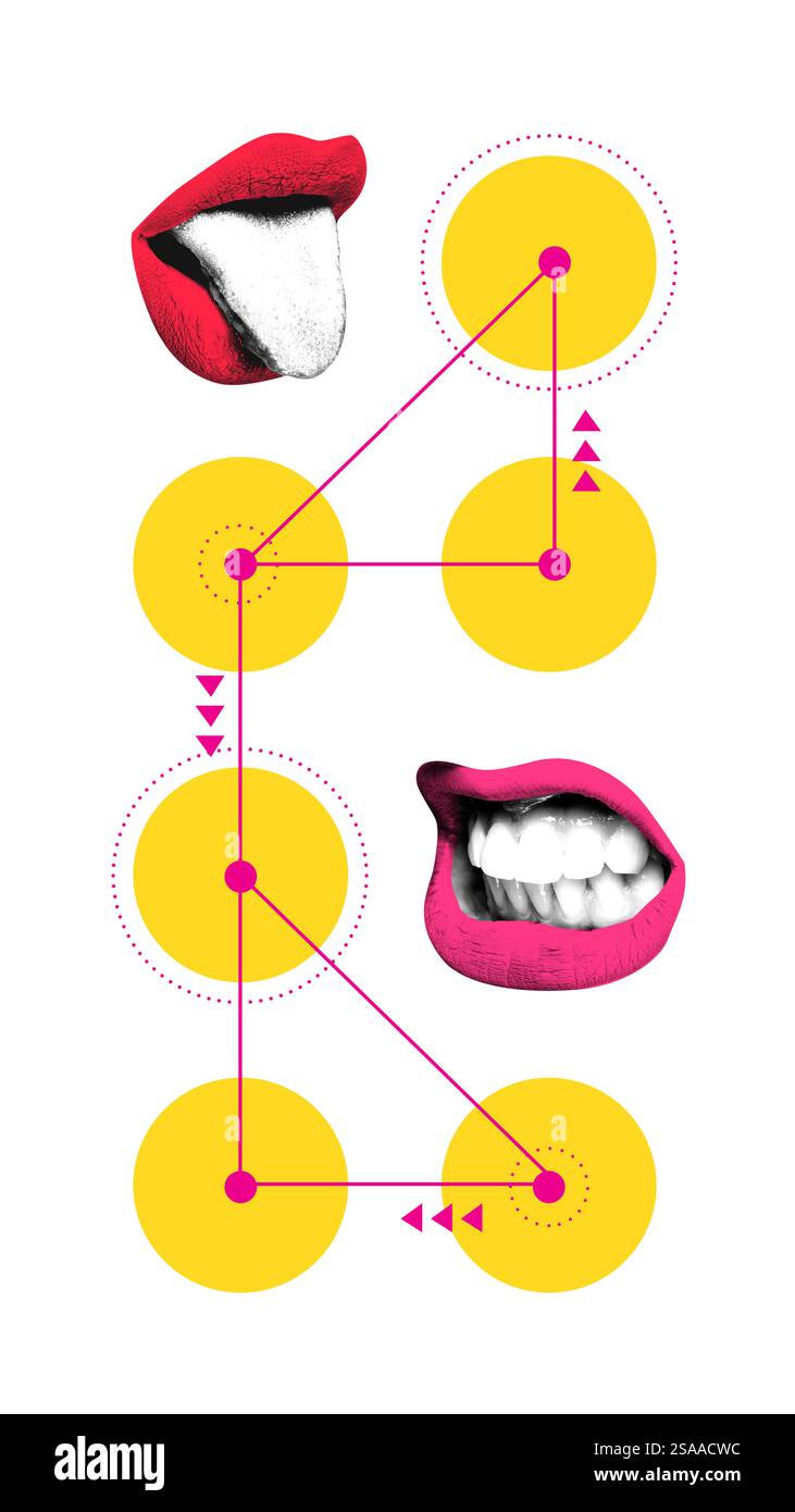 Creative art design. Red and pink lips connected by geometric yellow ...