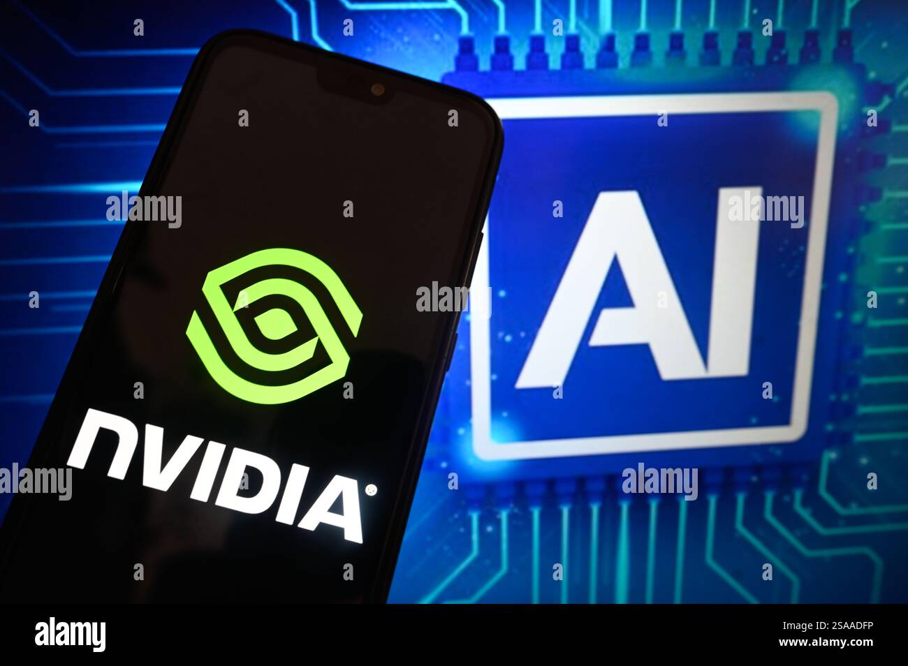 In this photo illustration, the Nvidia logo is displayed on a ...