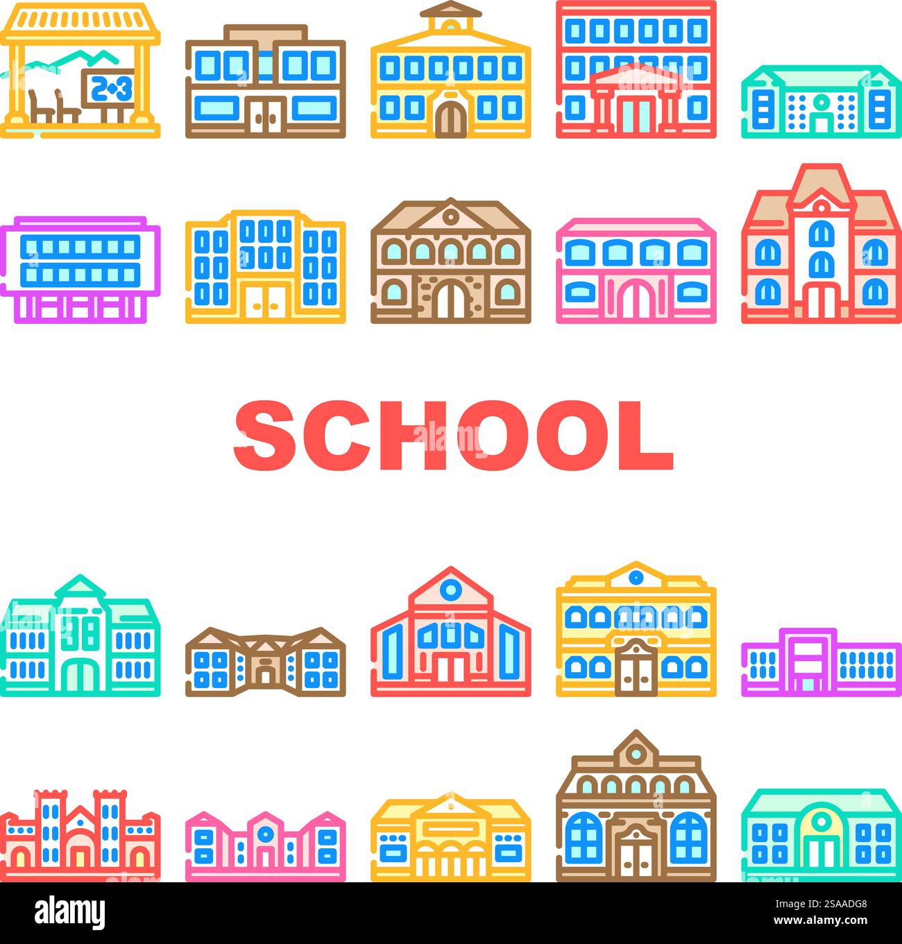 school building gymnasium icons set vector. classroom library ...