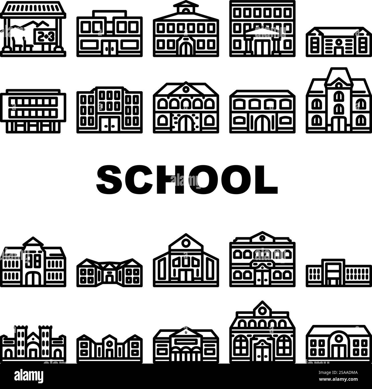 school building gymnasium icons set vector. classroom library ...