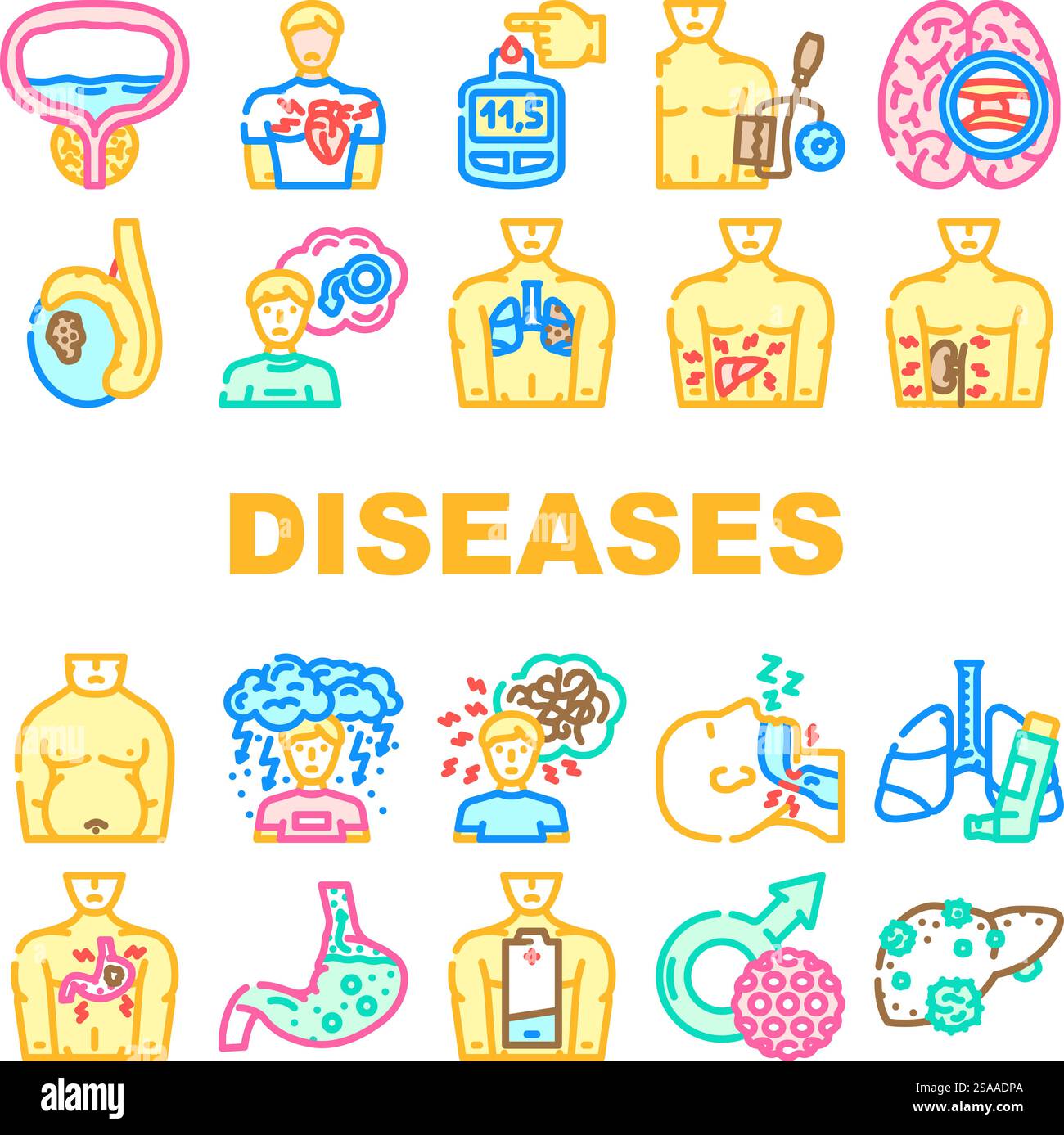 men diseases prostate cancer icons set vector. diabetes hypertension ...