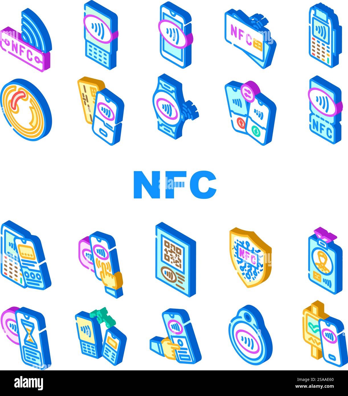 Nfc Technology Contactless Icons Set Vector Payment Communication Proximity Wireless Data