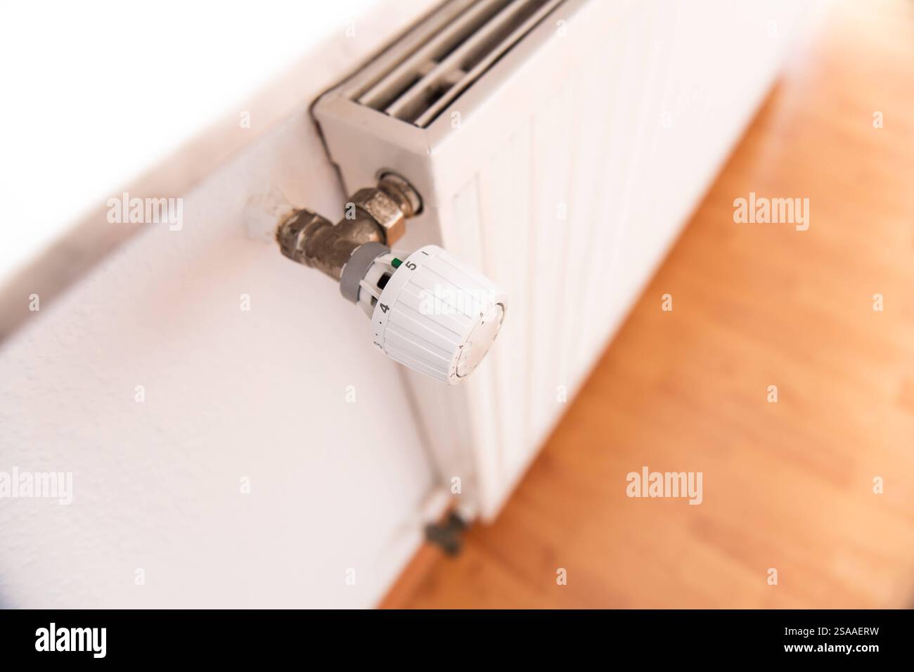 Ein Thermostat ist an einem Heizkörper in einer Wohnung zu sehen ...