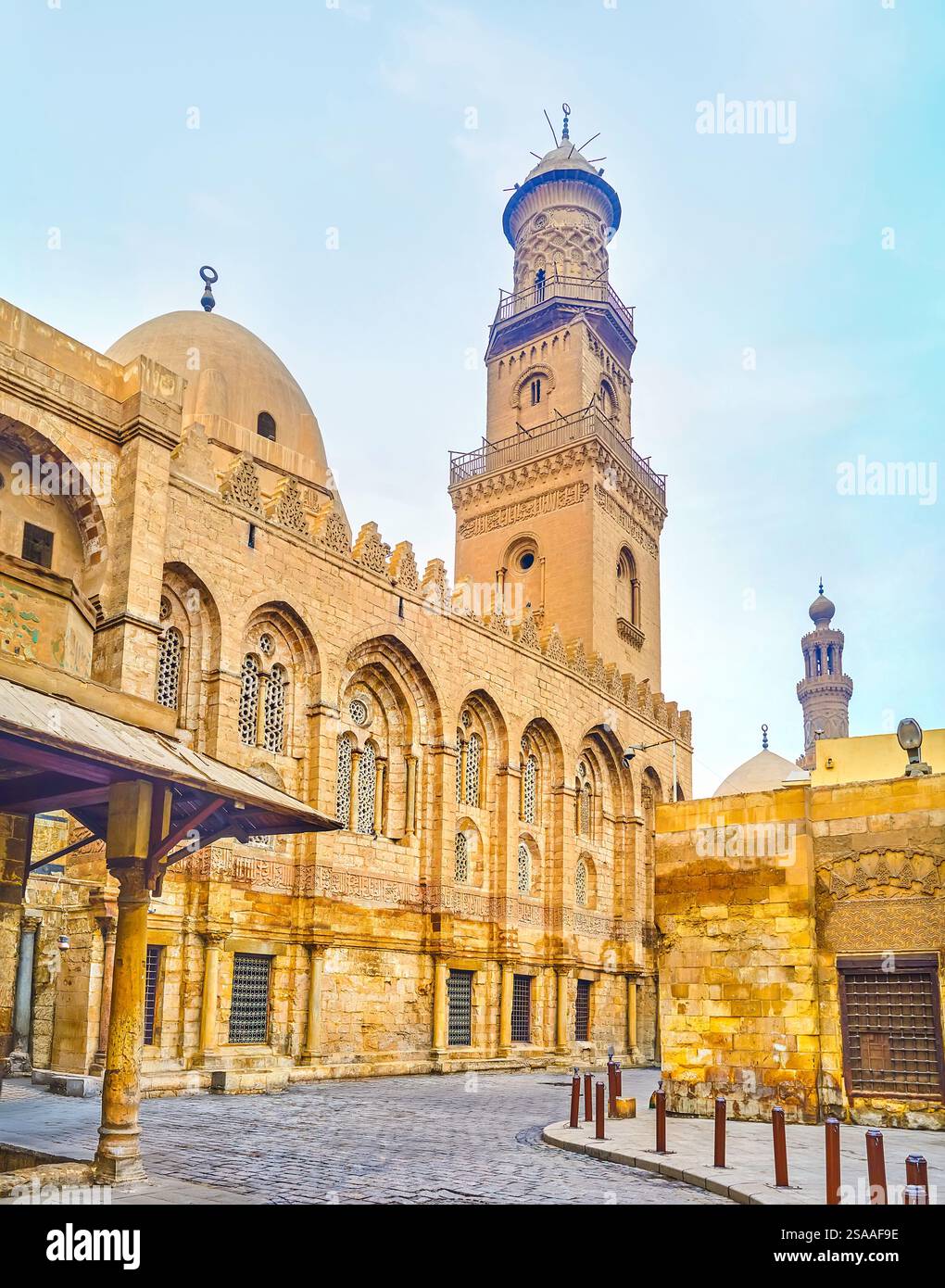 The large medieval stone Qalawun complex at Al-Muizz street of Islamict of Cairo, Egypt Stock ...