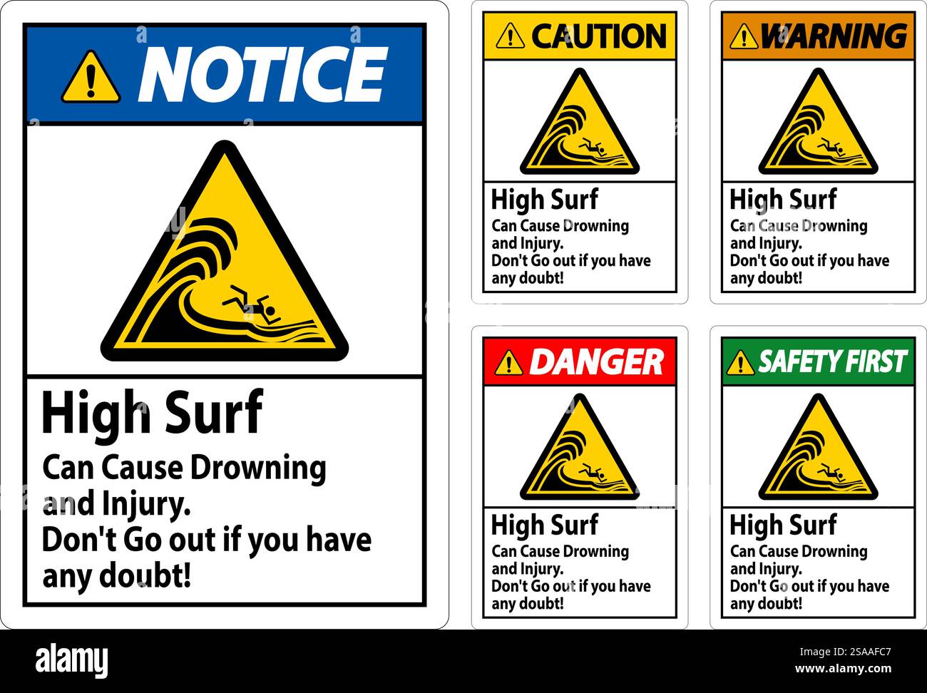 Beach Hazard Warning Sign, High Surf Can Cause Drowning And Injury. Don ...