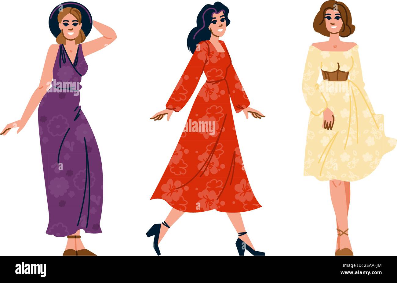 bohemian floral dress woman vector. chic trendy, feminine vibrant ...