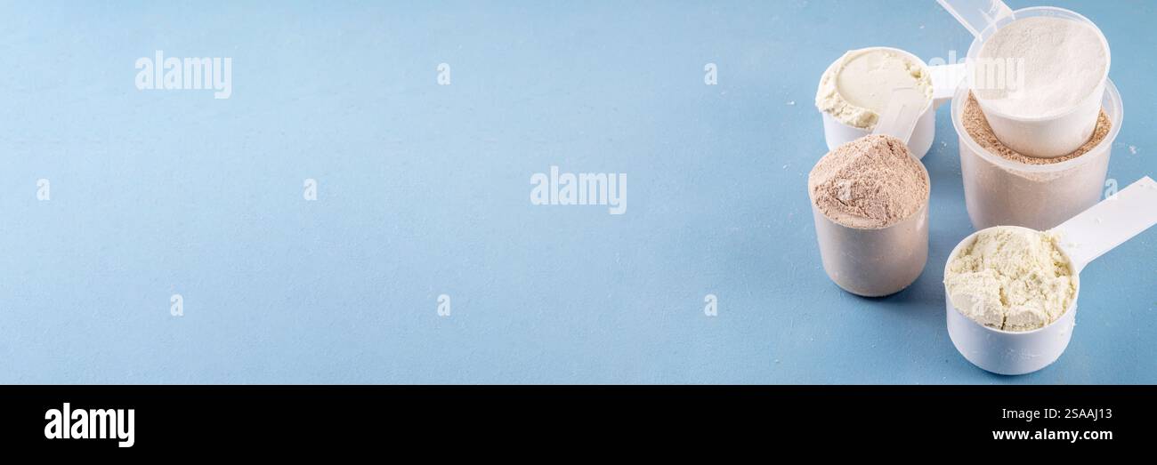 Different protein flavors in plastic scoops. Protein powder shakes for ...