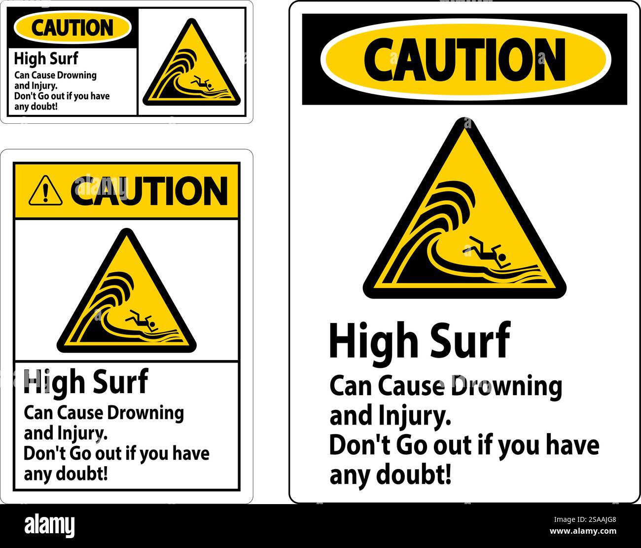 Beach Hazard Caution Sign, High Surf Can Cause Drowning And Injury. Don ...