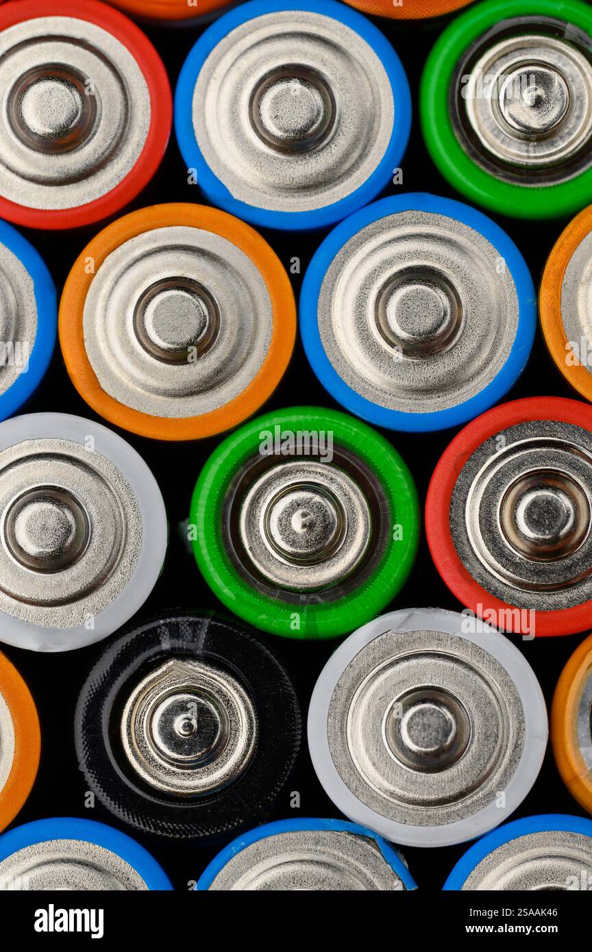 Close-up of batteries, top view. Background of colorful batteries. The ...