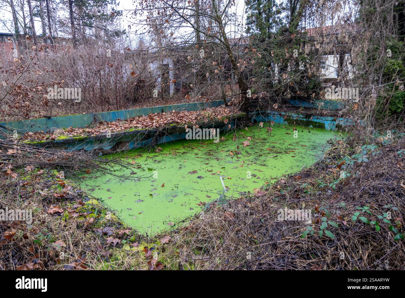 Old pool fountain winter ditch water in winter time post apocalyptic ...