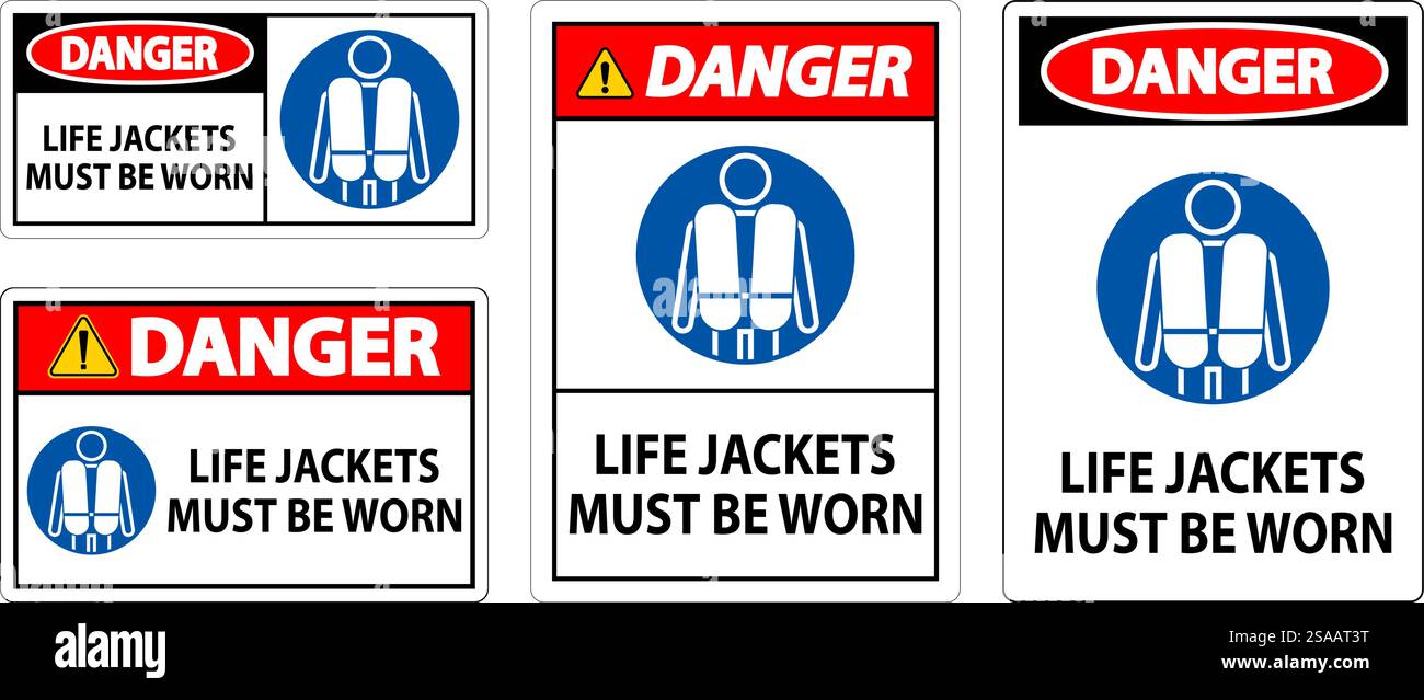 Water Safety Sign Danger, Life Jackets Must Be Worn Stock Vector Image ...
