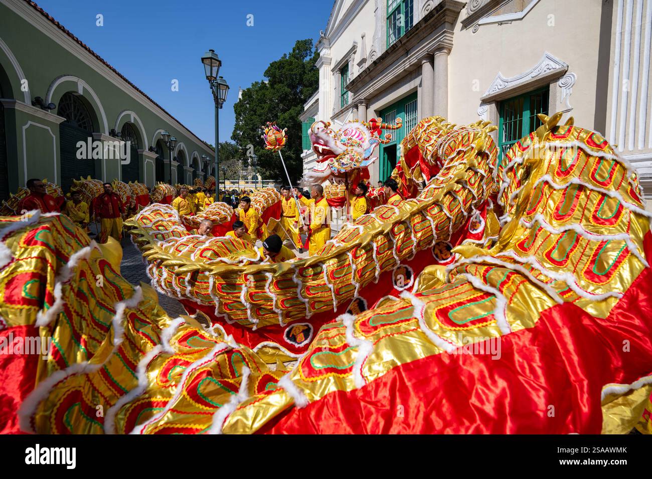 Macao, China. 29th Jan, 2025. People perform dragon dance during a tour ...