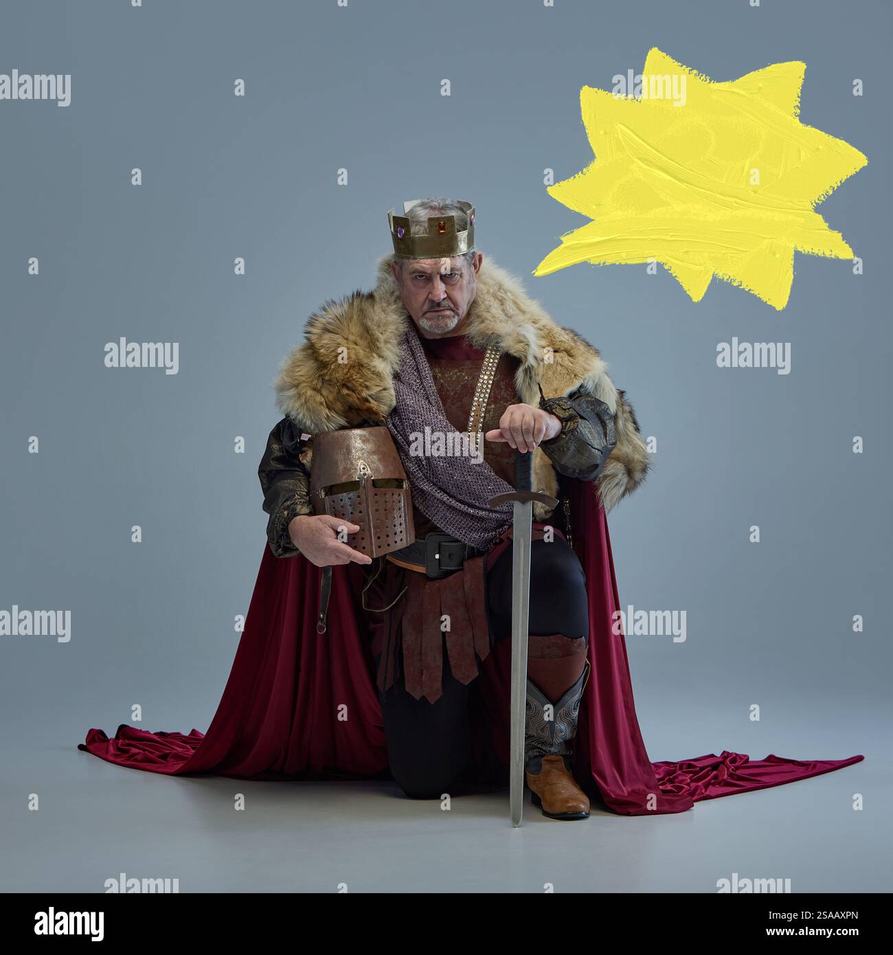 Art collage. Medieval king in golden crown, fur-lined cloak, and armor ...