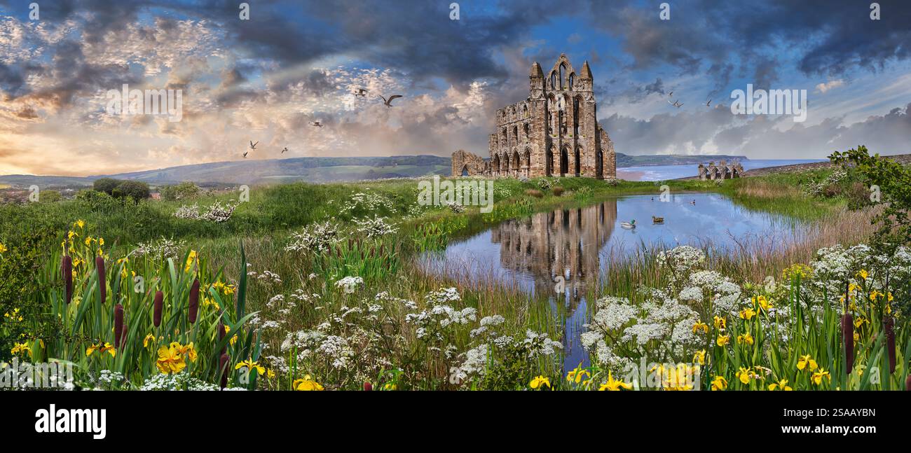 Picturesque gothic medieval ruins of Whitby Abbey, North Yorkshire ...