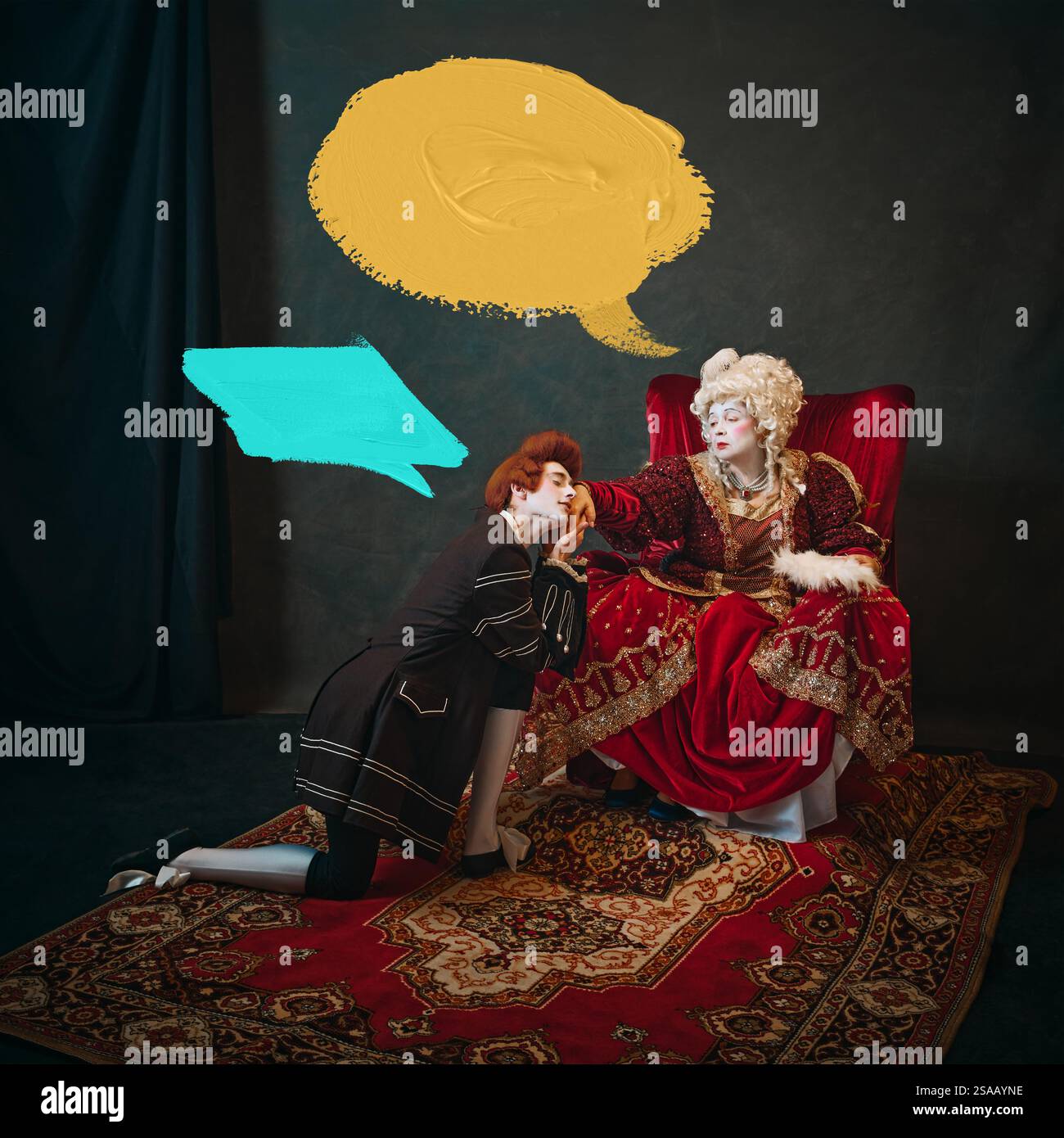 Young man, court servant in red wig sitting next to elderly woman ...