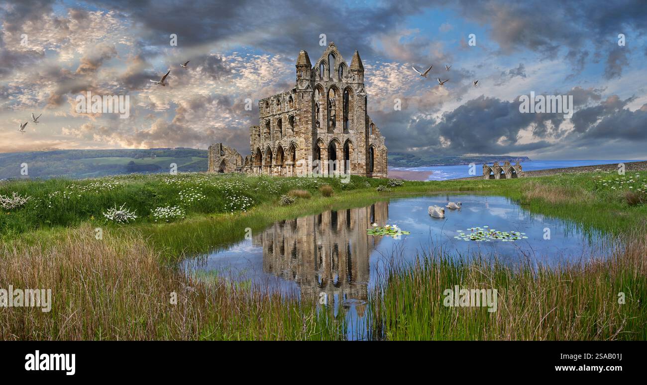 Picturesque gothic medieval ruins of Whitby Abbey, North Yorkshire ...