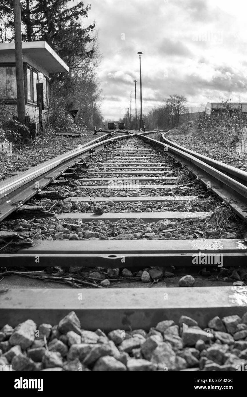 Old Abandoned Railway Track With Old Rails In Black And White Vertical ...