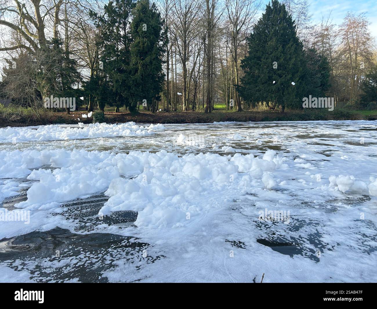 River water covered in 12 inch layer of white bubbly foam Stock Photo ...
