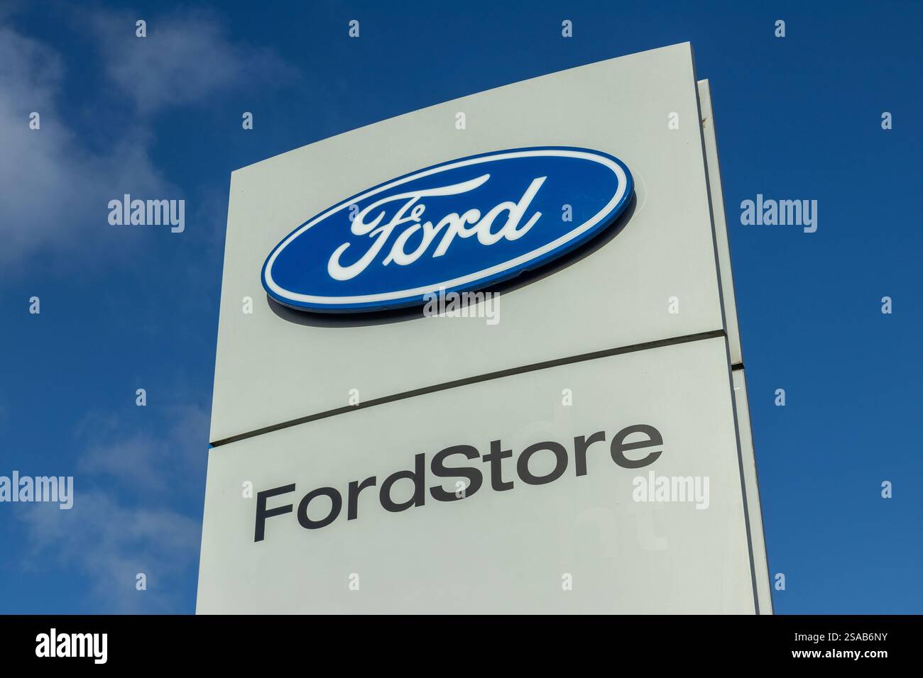 Ford logo at the car dealer store. Ford is a representative of the ...
