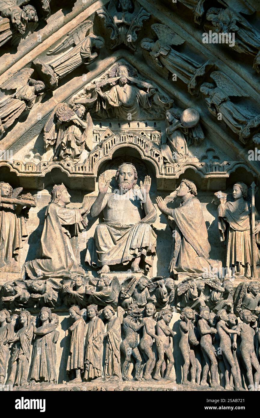 Gothic sculpture above the door of medieval Amiens Cathedral, Amiens ...